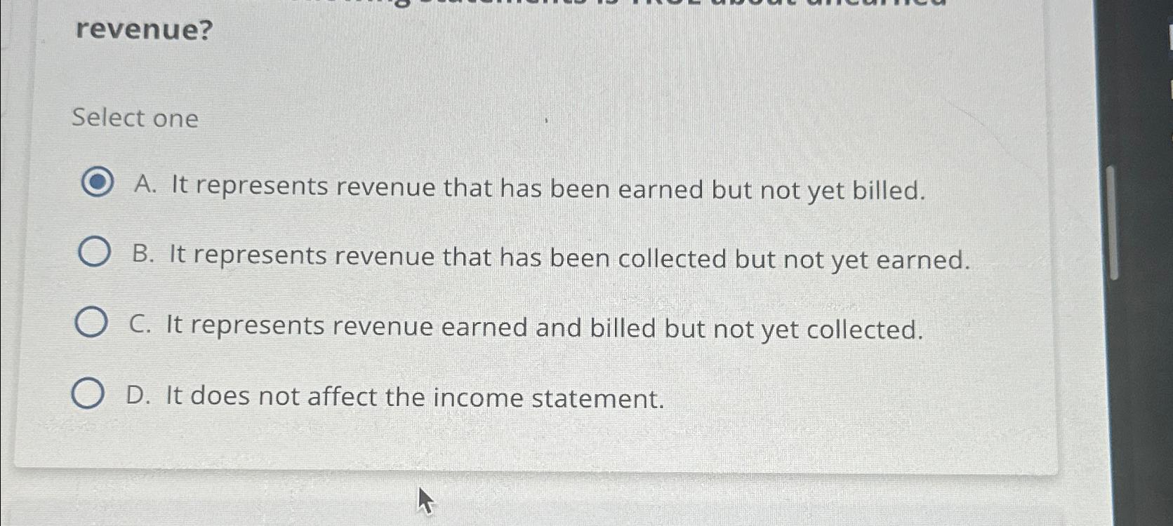 Solved revenue?Select oneA. ﻿It represents revenue that has | Chegg.com