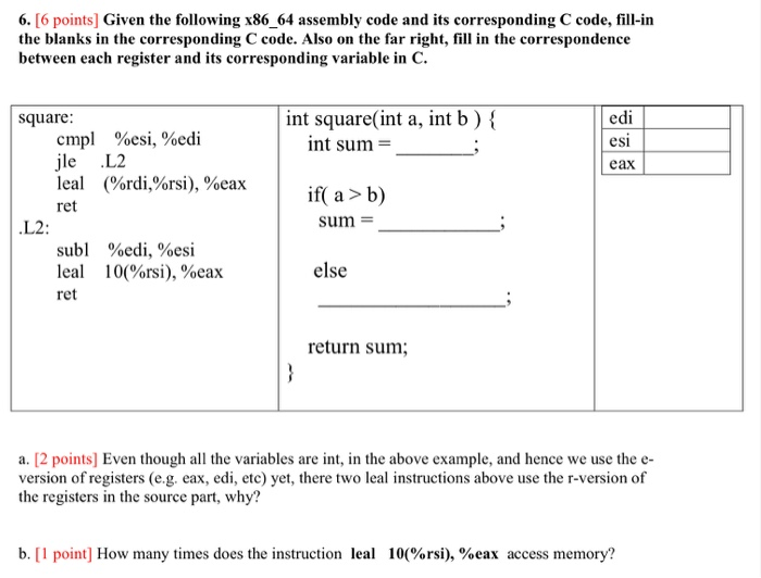 Solved 6. [6 points] Given the following x86_64 assembly | Chegg.com