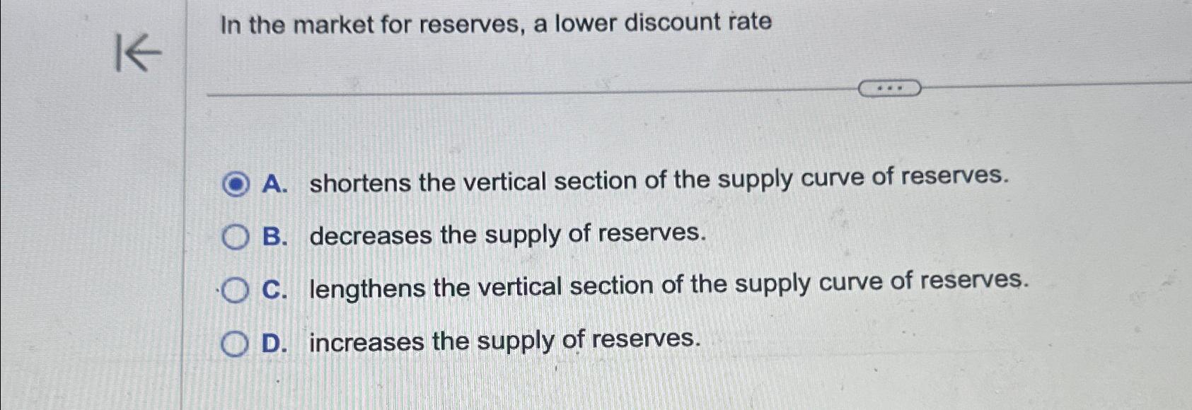 Solved In the market for reserves, a lower discount rateA. | Chegg.com