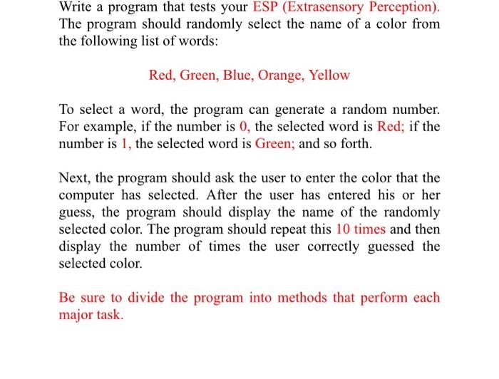 Solved Write a program that tests your ESP (Extrasensory | Chegg.com