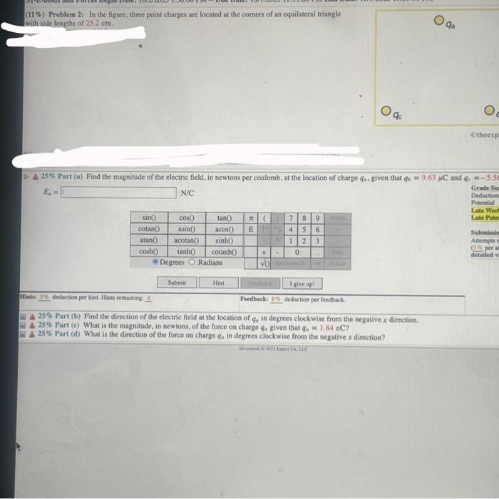 Solved (11\%) Problem 2: In the figure, throe point charges | Chegg.com