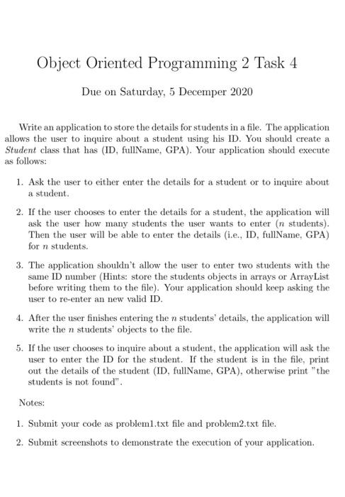 Solved Object Oriented Programming 2 Task 4 Due on Saturday, | Chegg.com