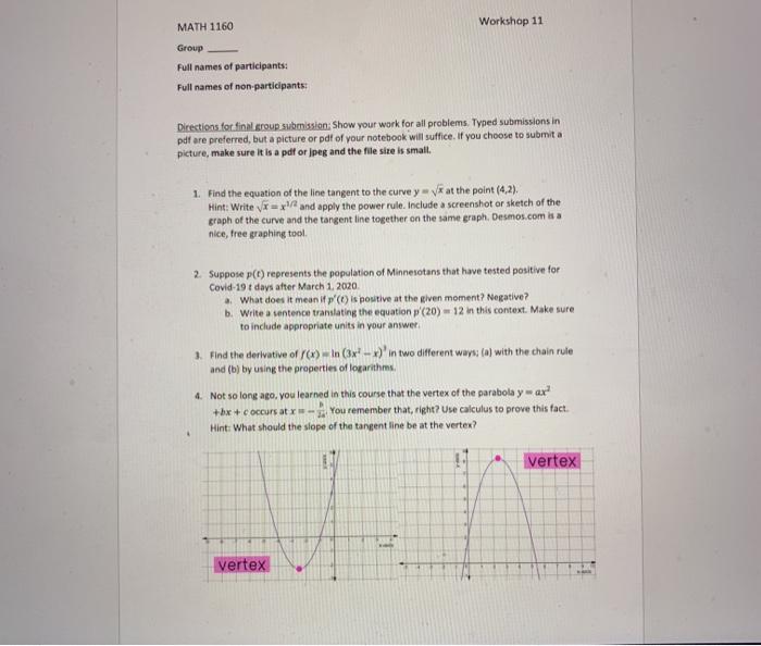 Solved Workshop 11 MATH 1160 Group Full names of | Chegg.com