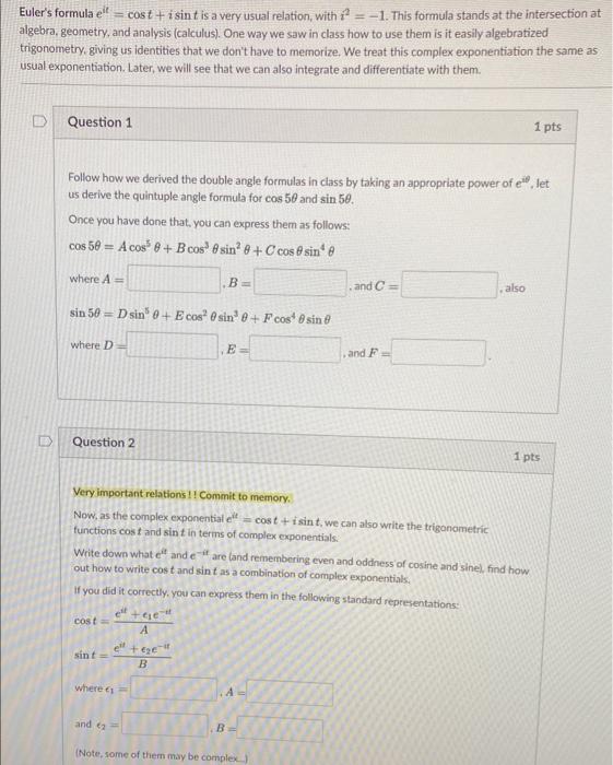 Solved Euler's formula eit=cost+isint is a very usual | Chegg.com