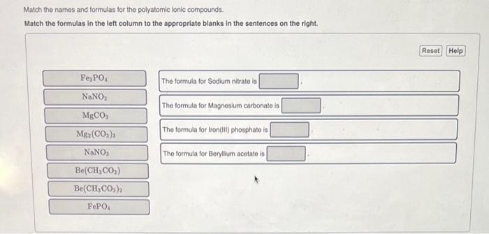 Solved Match the names and formulas for the polyatomic ionic | Chegg.com