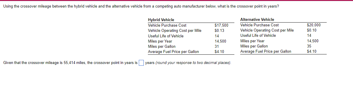 Solved Using the crossover mileage between the hybrid | Chegg.com