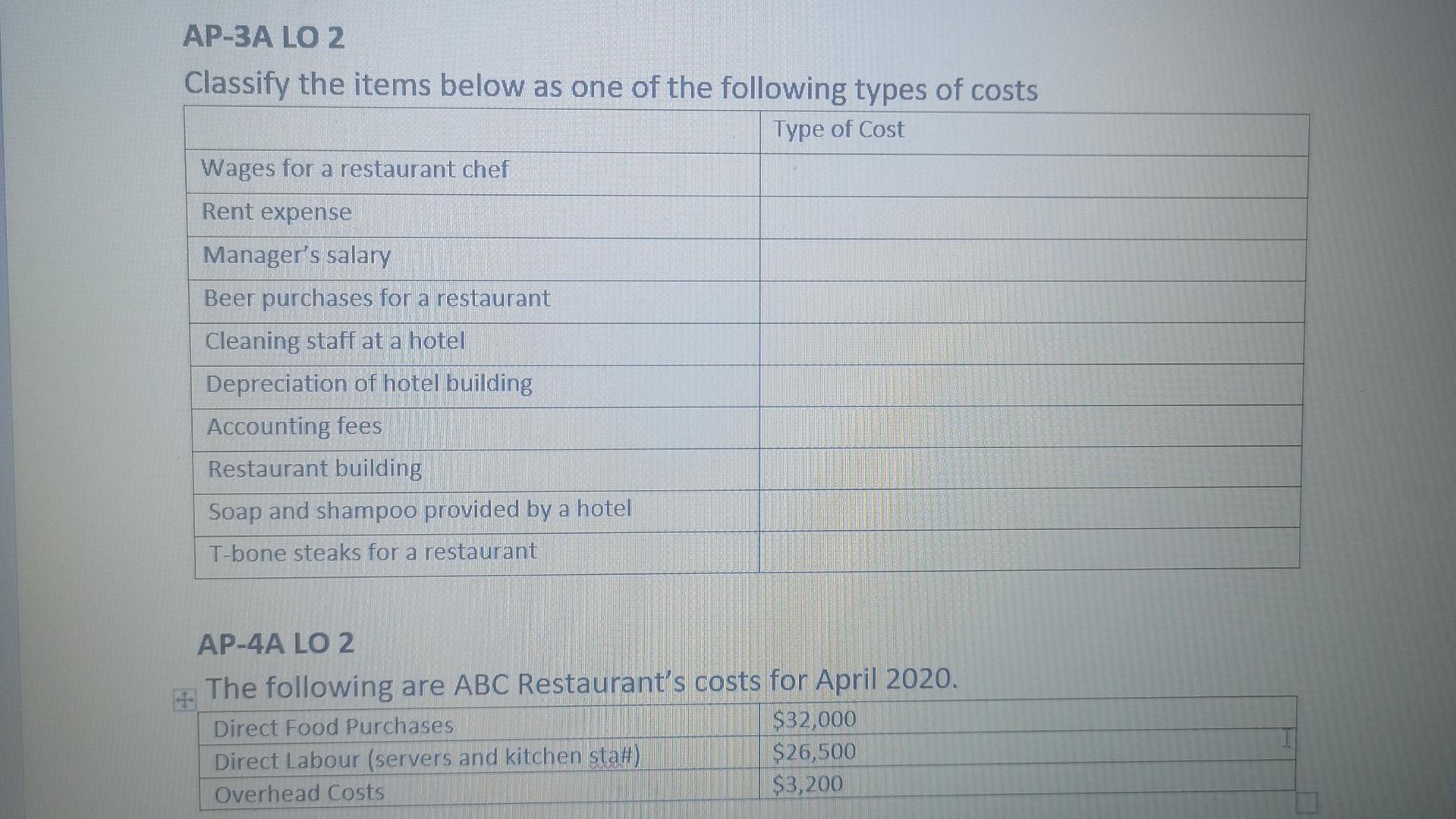 Solved AP-3A LO 2 Classify the items below as one of the | Chegg.com