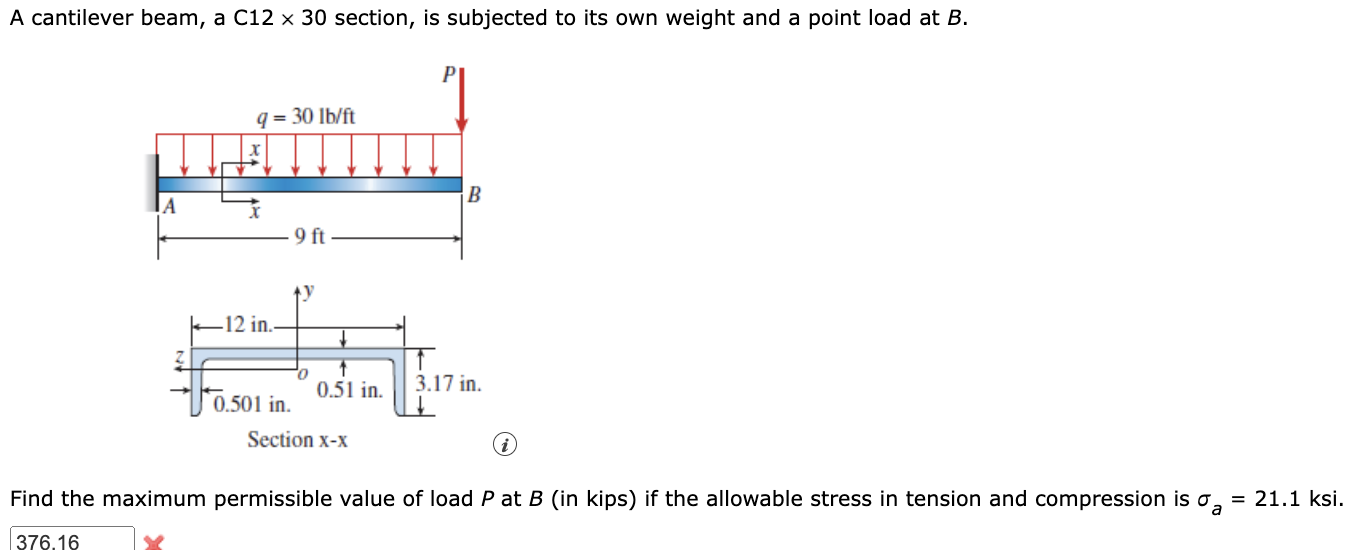 Solved A cantilever beam, a C12 ×30 ﻿section, is subjected | Chegg.com