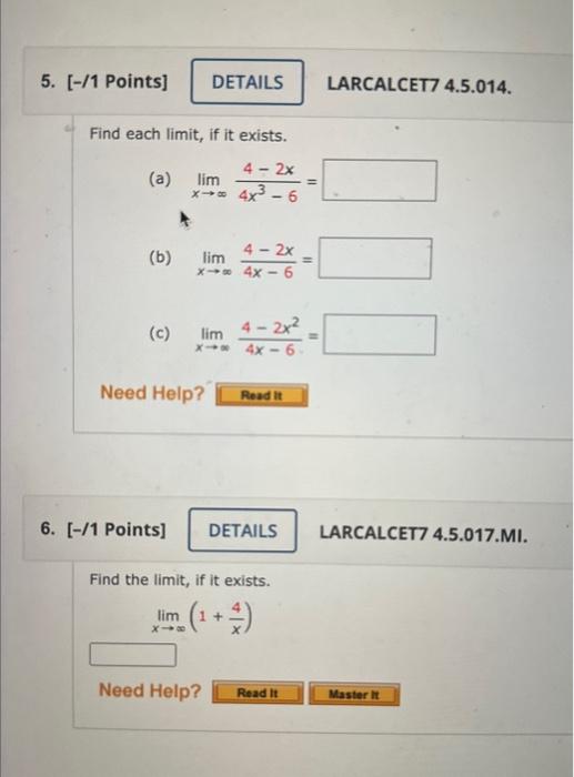 Solved Find each limit, if it exists. (a) limx→∞4x3−64−2x= | Chegg.com