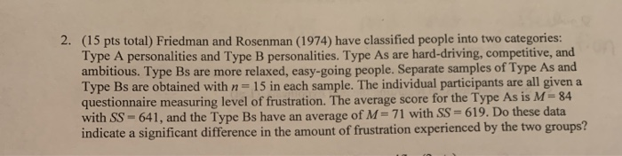 Solved 2. (15 pts total) Friedman and Rosenman (1974) have | Chegg.com