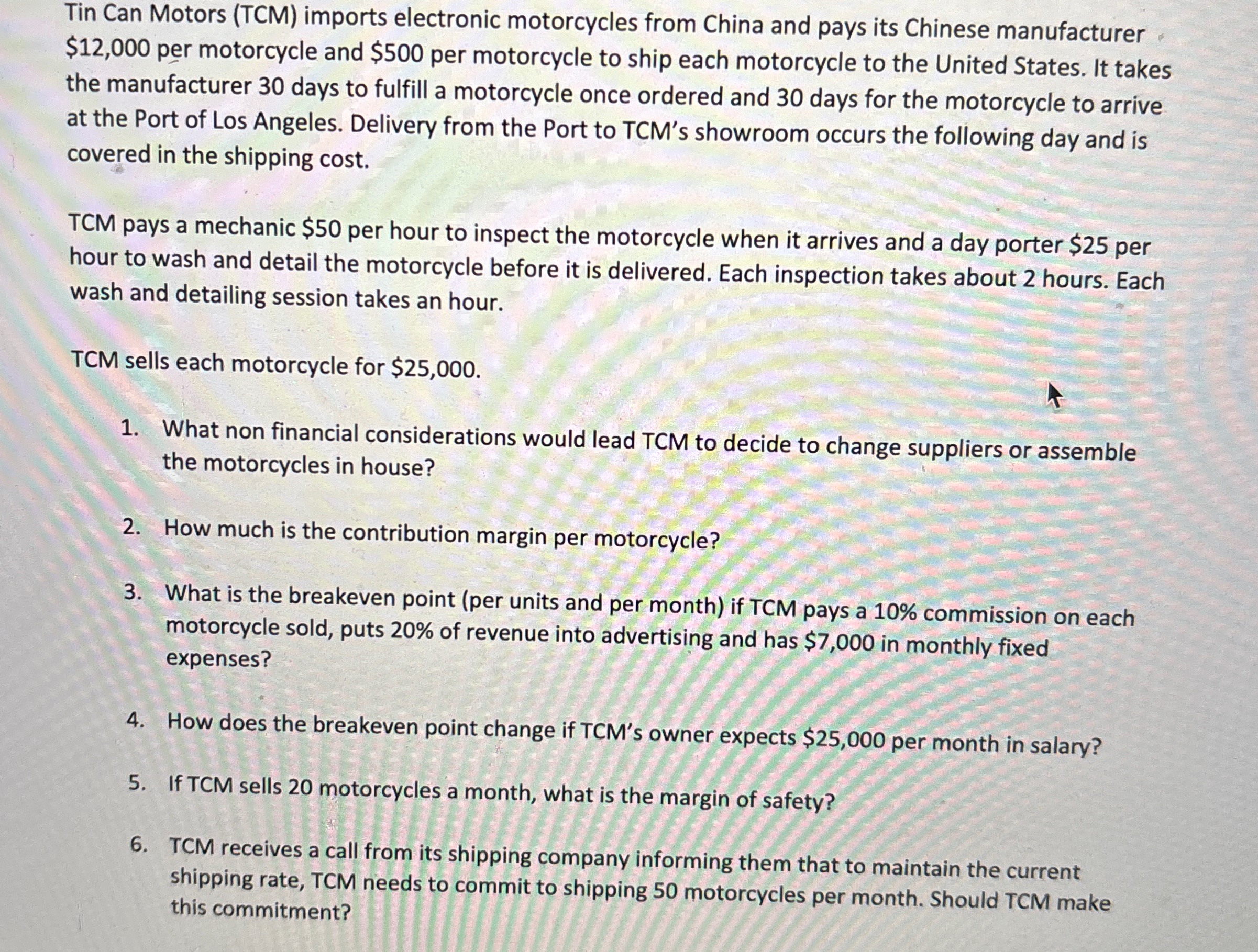 Solved Tin Can Motors (TCM) ﻿imports electronic motorcycles | Chegg.com