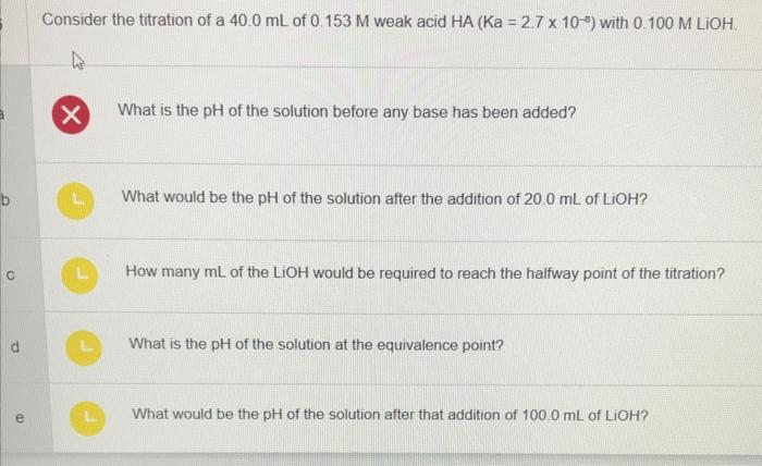Solved Consider the titration of a 40.0 mL of 0.153M weak | Chegg.com
