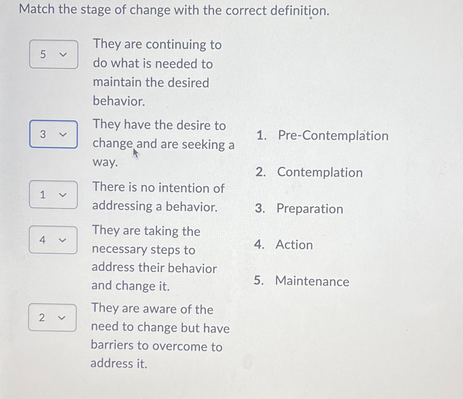 Solved Match the stage of change with the correct | Chegg.com