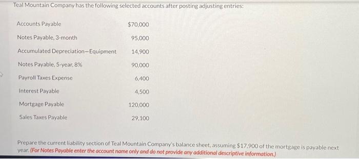 [Solved]: Teal Mountain Company has the following selected