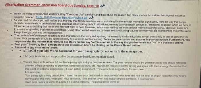 Allce Walker Grammar Discussion Board due Sunday, | Chegg.com