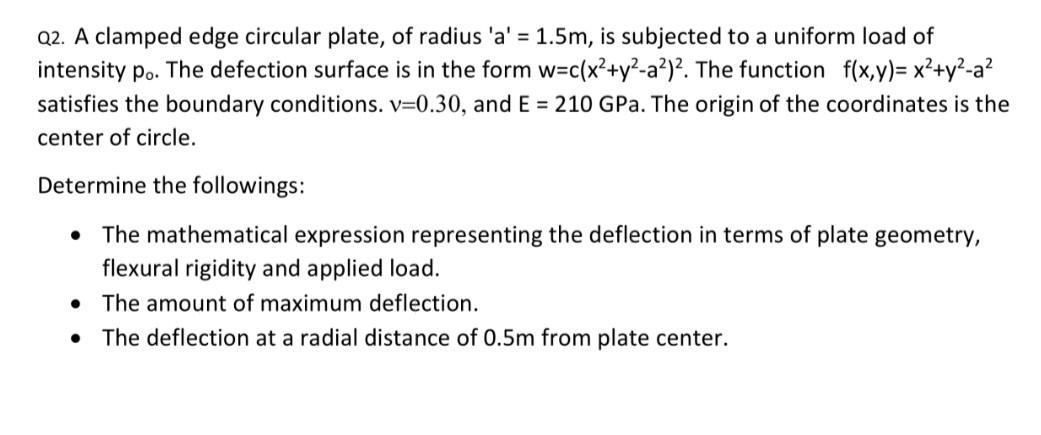 Solved Q2. A clamped edge circular plate, of radius 'a' = | Chegg.com