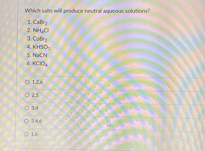 Solved Which salts will produce neutral aqueous solutions? | Chegg.com