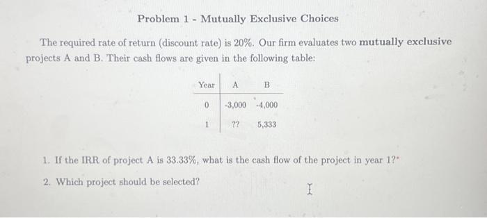 Solved Problem 1 - Mutually Exclusive Choices The required | Chegg.com