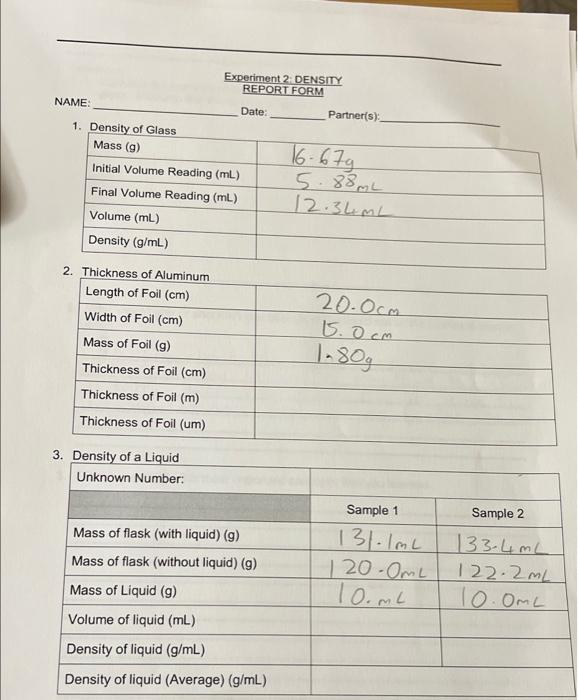 Solved Experiment 2 DENSITY REPORT FORM NAME: Date: | Chegg.com