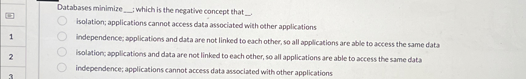 Solved Databases minimize ; which is the negative concept | Chegg.com