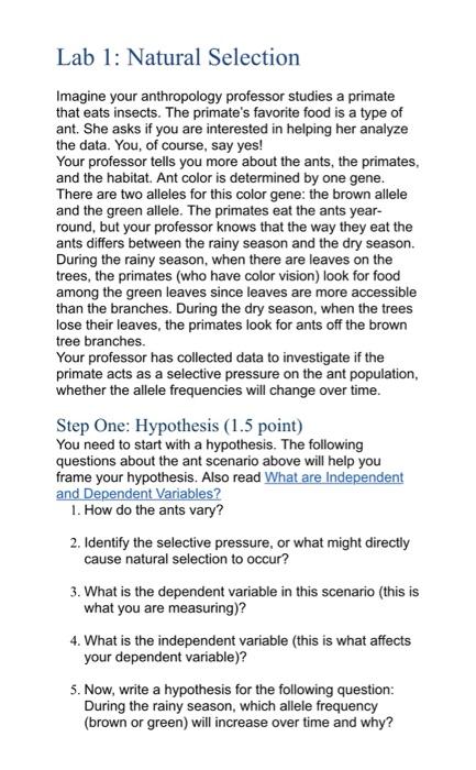 Lab 1: Natural Selection Imagine your anthropology | Chegg.com