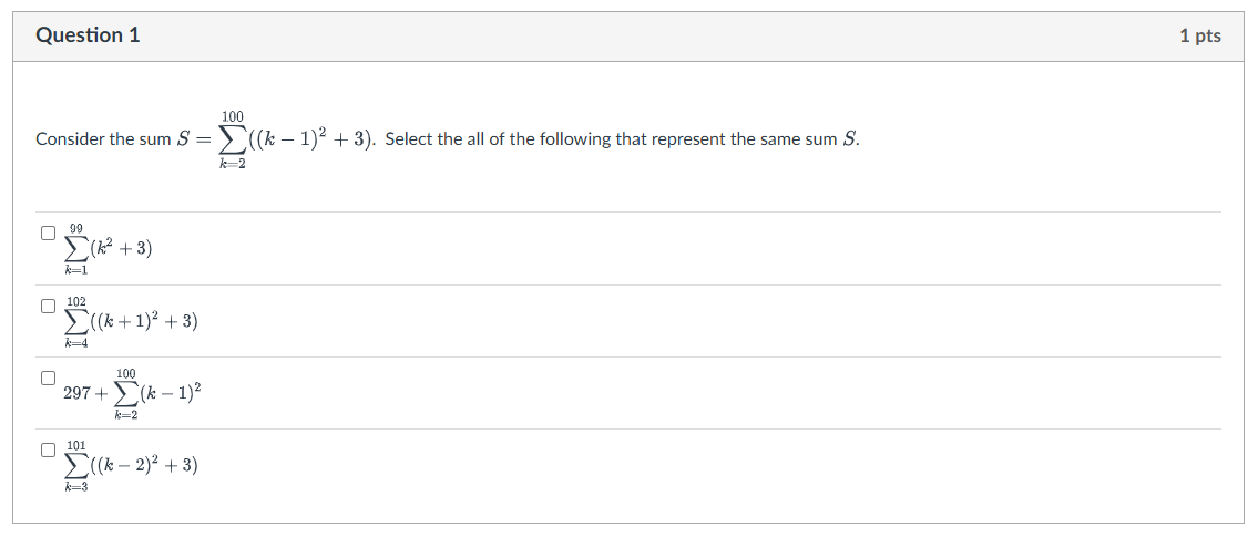 Solved Question 1Consider the sum S=∑k=2100((k-1)2+3). | Chegg.com