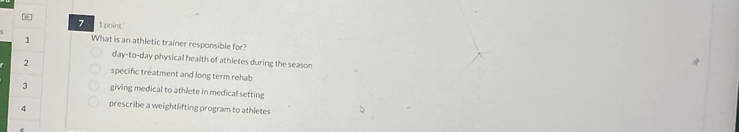 Solved 71 ﻿pointWhat is an athletic trainer responsible | Chegg.com
