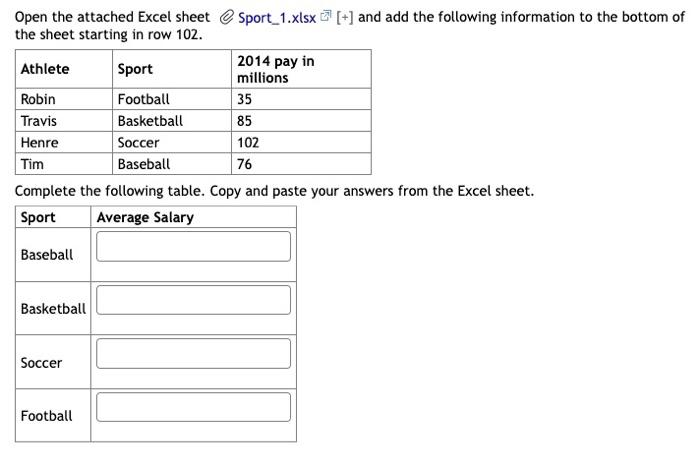 Solved Open the attached Excel sheet @Sport_1.xlsx [+] and | Chegg.com