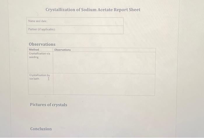 Crystallization of Sodium Acetate Report Sheet Name | Chegg.com
