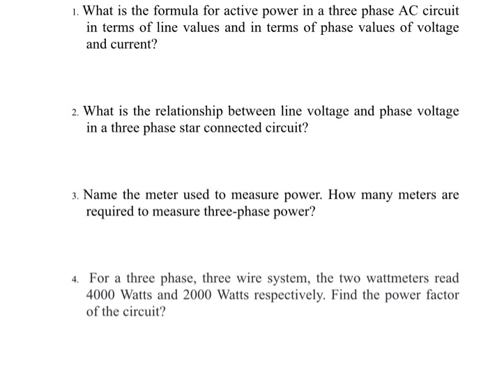 Solved 1. What is the formula for active power in a three | Chegg.com