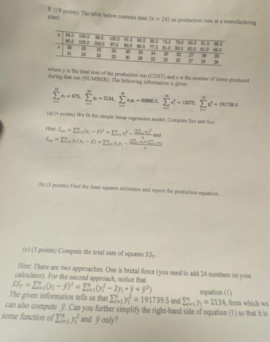 Solved 5. ( 18 points) The table below contains data (n=24) | Chegg.com