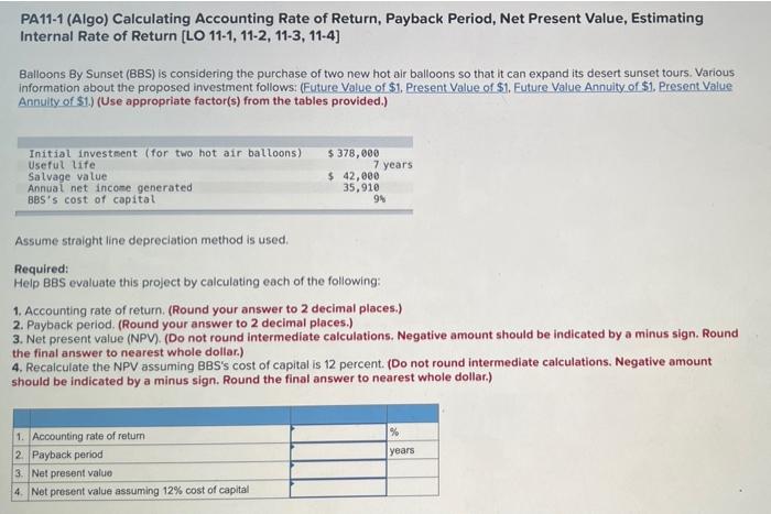 Solved PA11-1 (Algo) Calculating Accounting Rate of Return, | Chegg.com