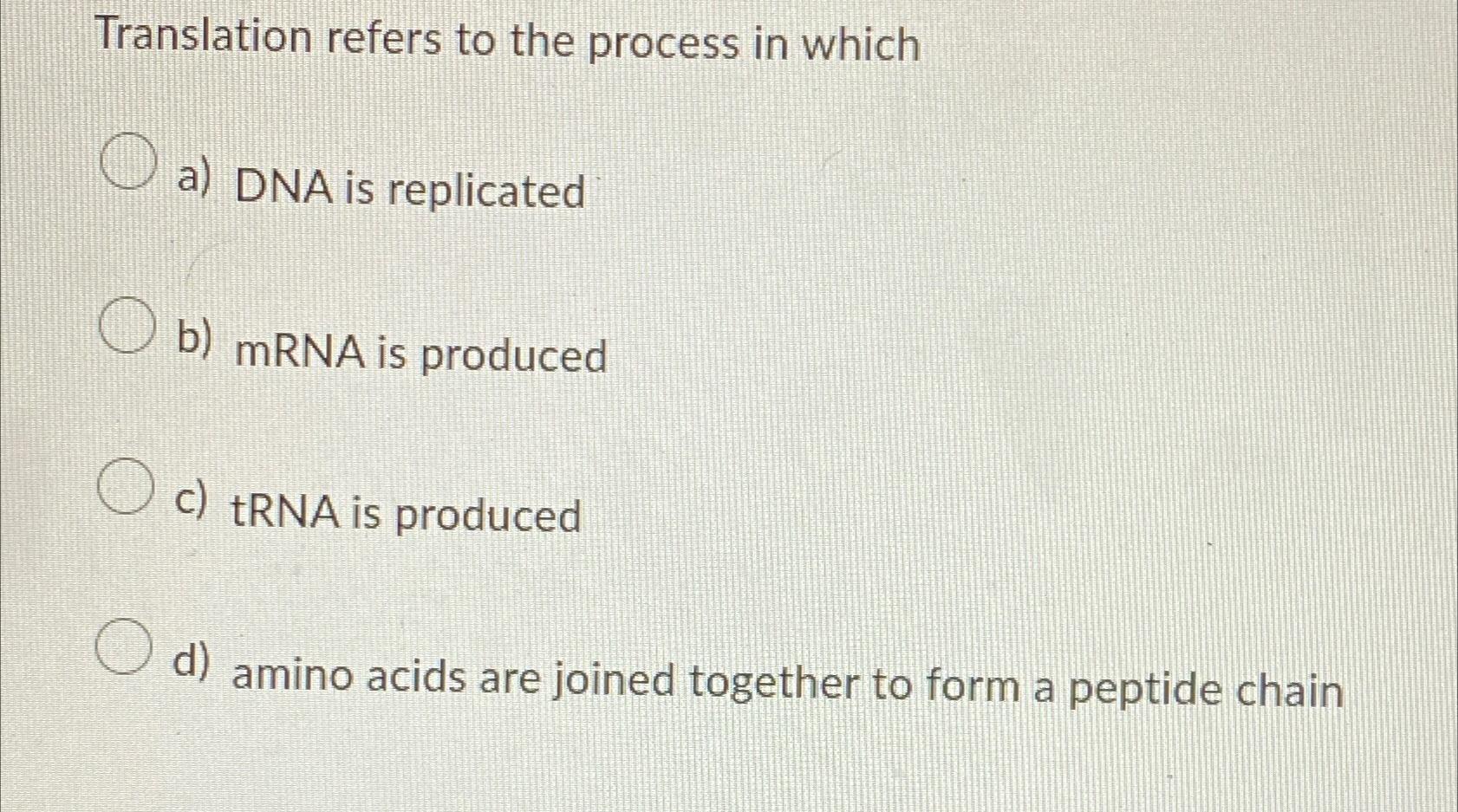 Solved Translation refers to the process in whicha) ﻿DNA is | Chegg.com