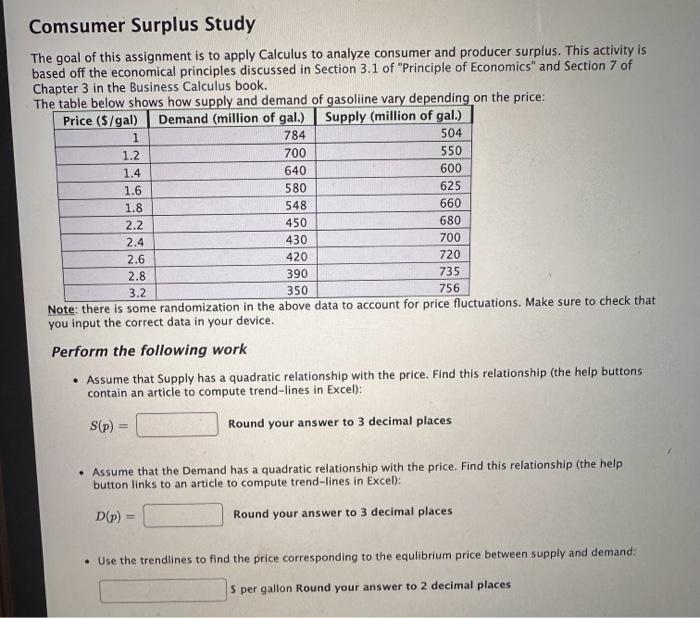 Solved Comsumer Surplus Study The goal of this assignment is | Chegg.com