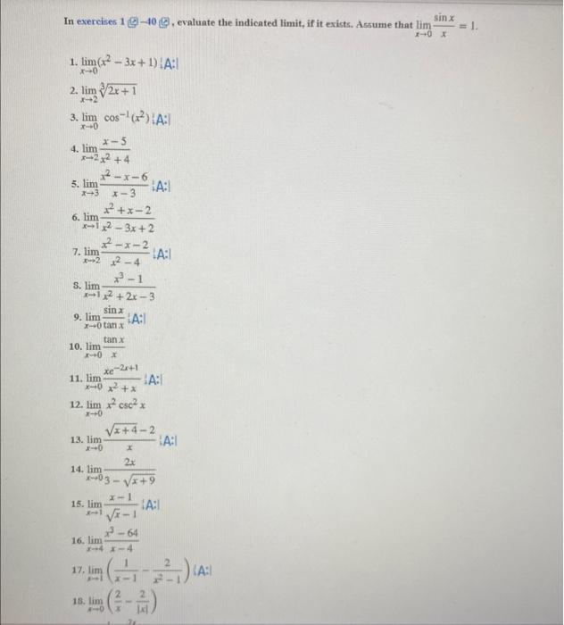Solved 1. limx→0(x2−3x+1):A:1 2. limx→232x+1 3. | Chegg.com