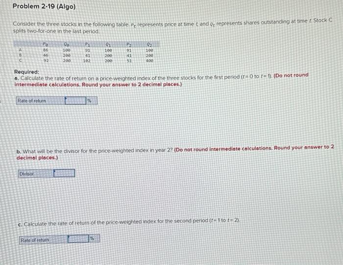 Solved Problem 2-19 (Algo) Consider the three stocks in the | Chegg.com