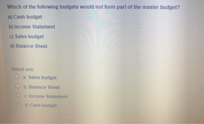 Which Of The Following Budgets Would Not Form Part Of The Master Budget Which Of The Following Budgets Would Not Form Part Of The Master Budget