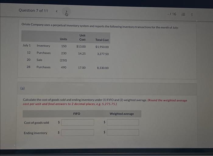 Solved Oriole Company uses a perpetual inventory system and | Chegg.com