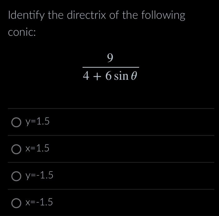 Solved Identify the directrix of the following conic: | Chegg.com