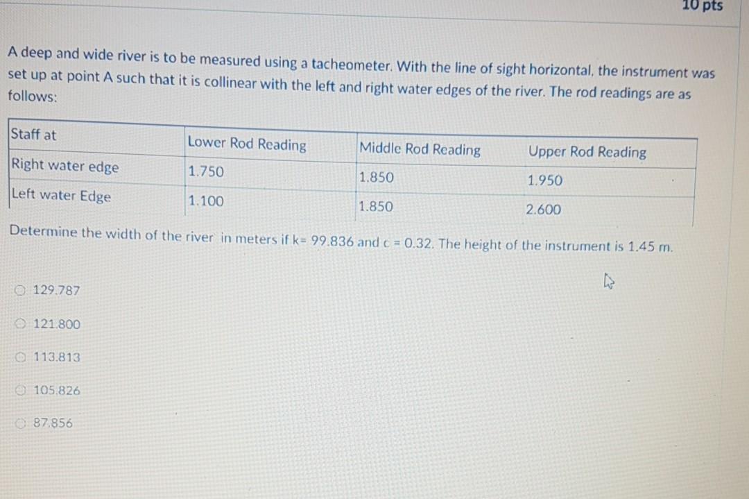 Solved 10 pts A deep and wide river is to be measured using | Chegg.com