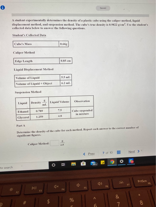 Solved Saved A student experimentally determines the density | Chegg.com