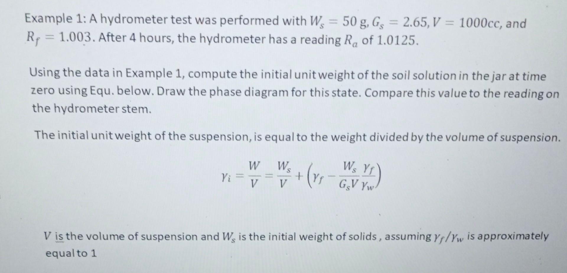 Solved Example 1: A hydrometer test was performed with Ws=50 | Chegg.com