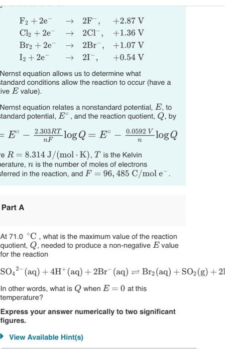 Solved F2+2e−→2 F−,+2.87 VCl2+2e−→2Cl−,+1.36 | Chegg.com