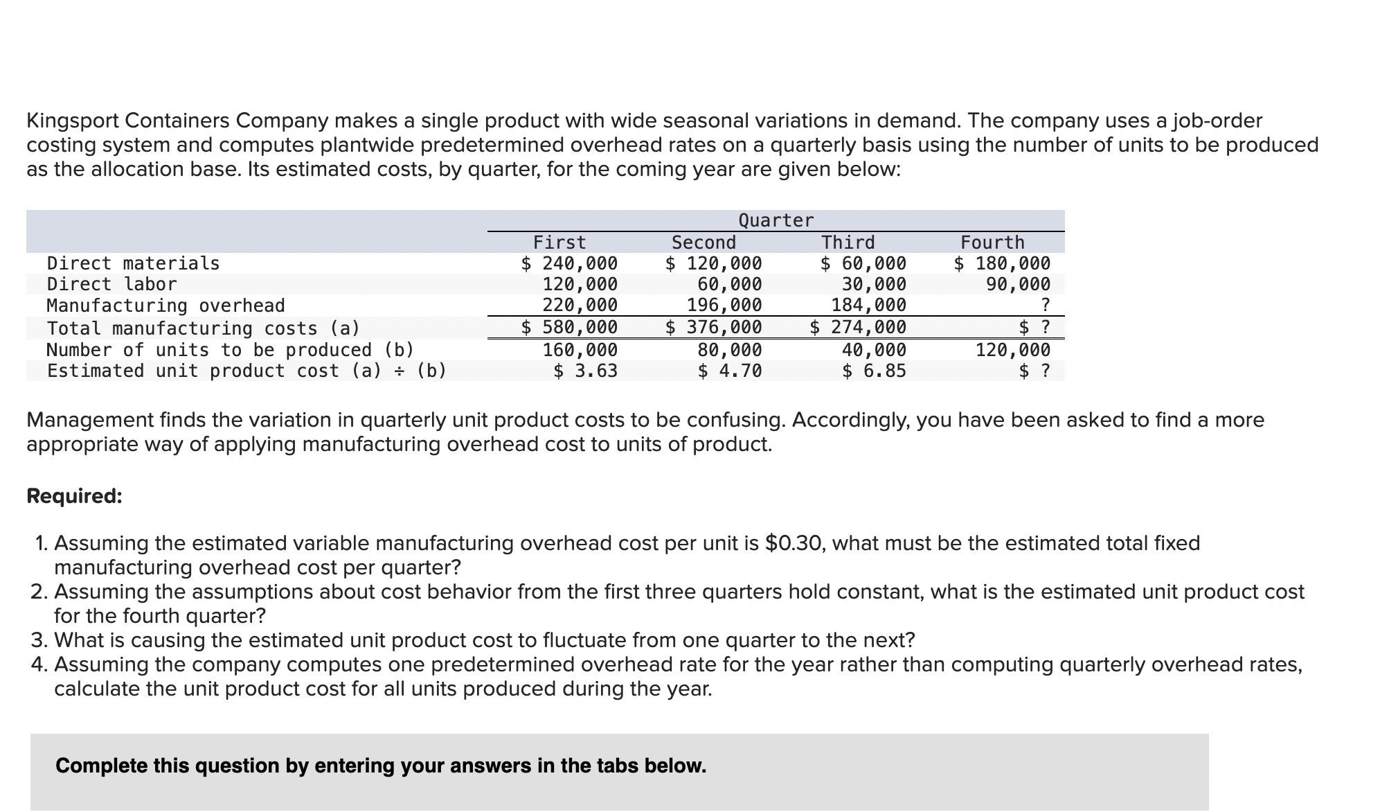 Solved Kingsport Containers Company makes a single product | Chegg.com