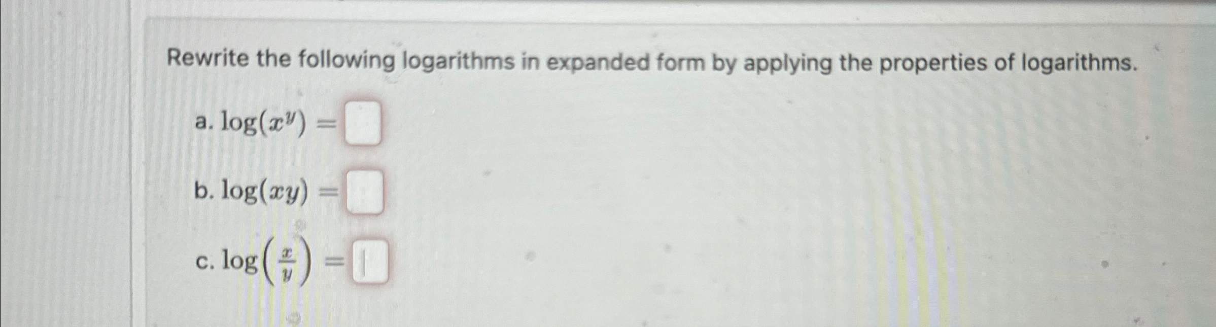 Solved Rewrite the following logarithms in expanded form by | Chegg.com Solved Rewrite the following logarithms in expanded form by | Chegg.com