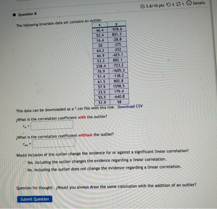 Solved The Following Bivariate Data Set Contains An This 