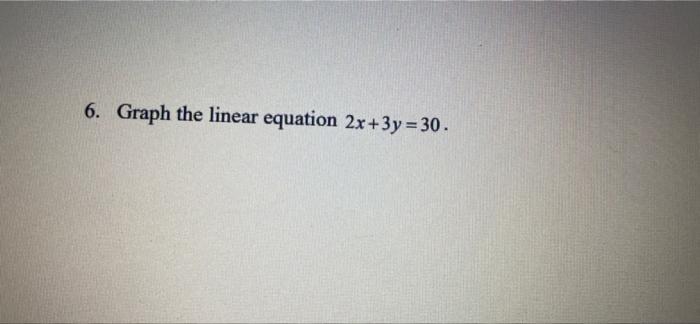 Solved 6. Graph the linear equation 2x+3y = 30. | Chegg.com