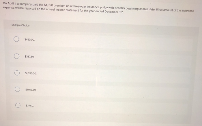 Solved On April 1, a company paid the $1,350 premium on a | Chegg.com