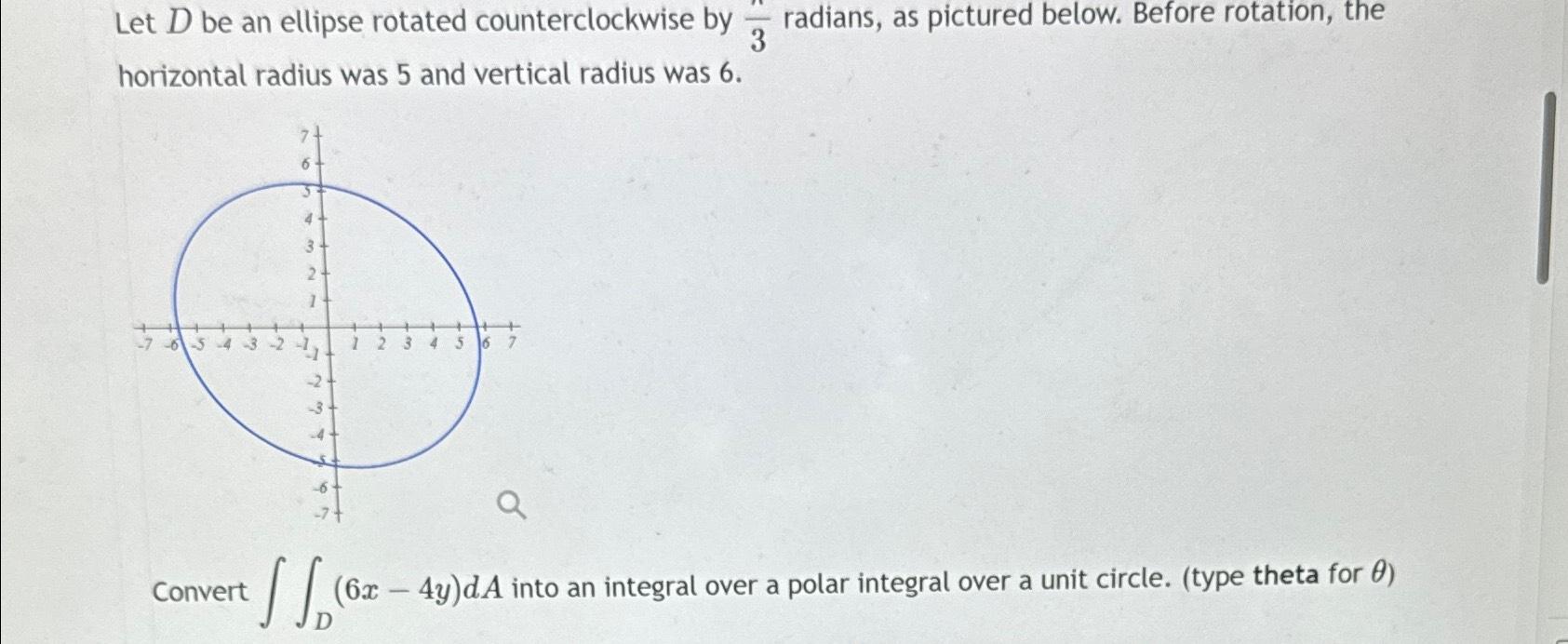 Solved Let D ﻿be an ellipse rotated counterclockwise by n3 | Chegg.com