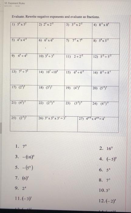Solved 10. Exponent Rules Evaluate. Rewrite negative | Chegg.com